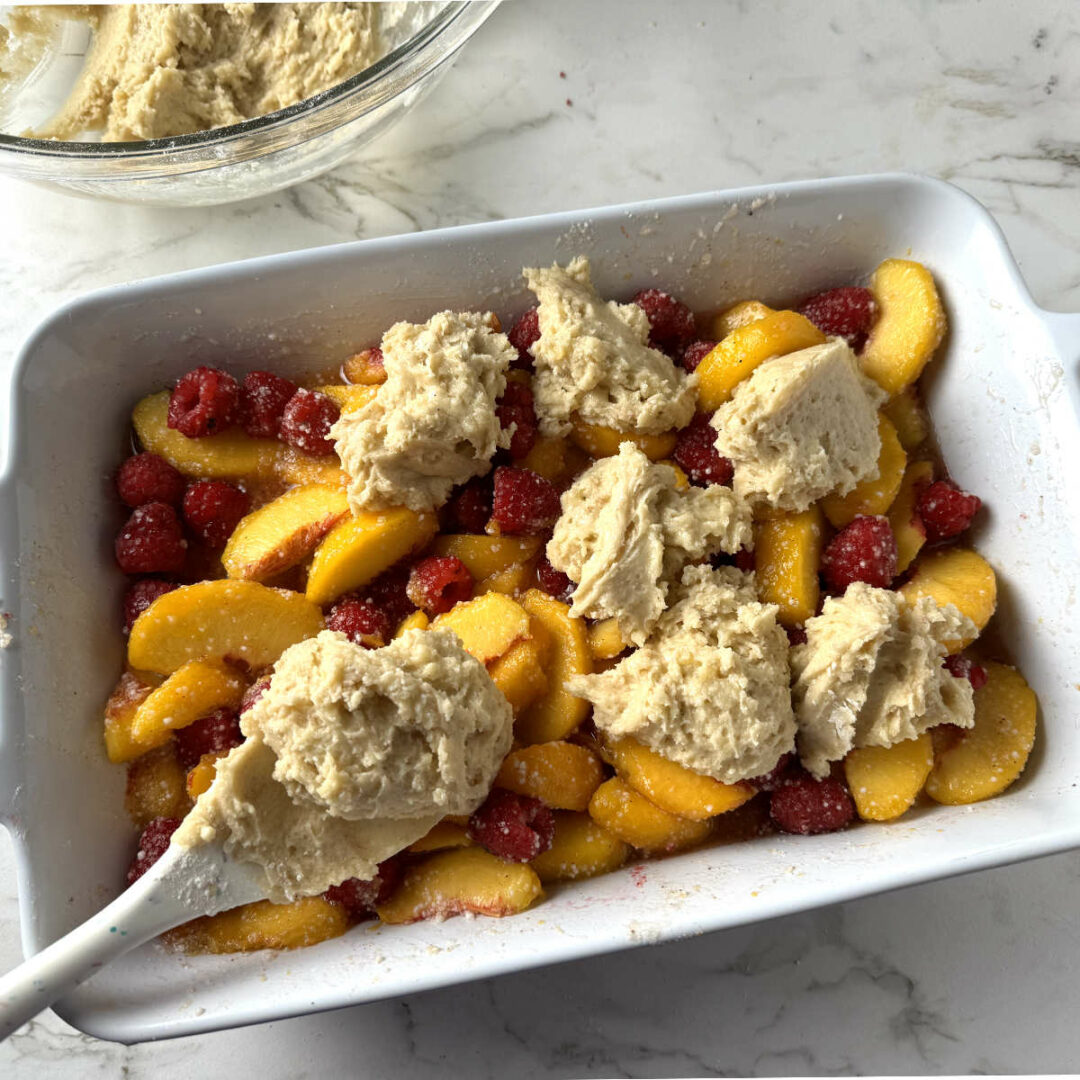 Raspberry Peach Cobbler with Buttermilk Drop Biscuits - Savor the Best